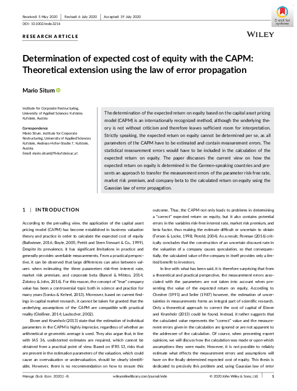 (PDF) Determination of expected cost of equity with the CAPM: Theoretical extension using the ...