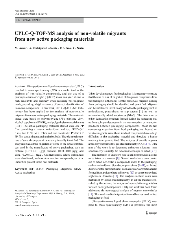 (PDF) UPLC-Q-TOF-MS of Migrants in Active Packagings