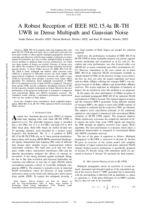 (PDF) A Robust Reception Of Ieee 802.15.4A Ir-Th Uwb In Dense Multipath And Gaussian Noise