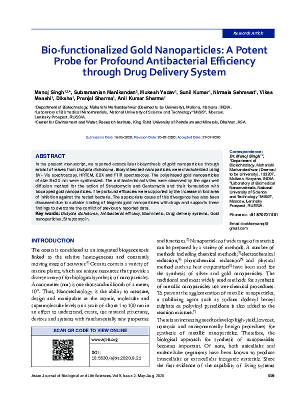 (PDF) Bio-functionalized Gold Nanoparticles: A Potent Probe for ...