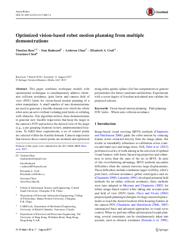 (PDF) Optimized vision-based robot motion planning from multiple demonstrations