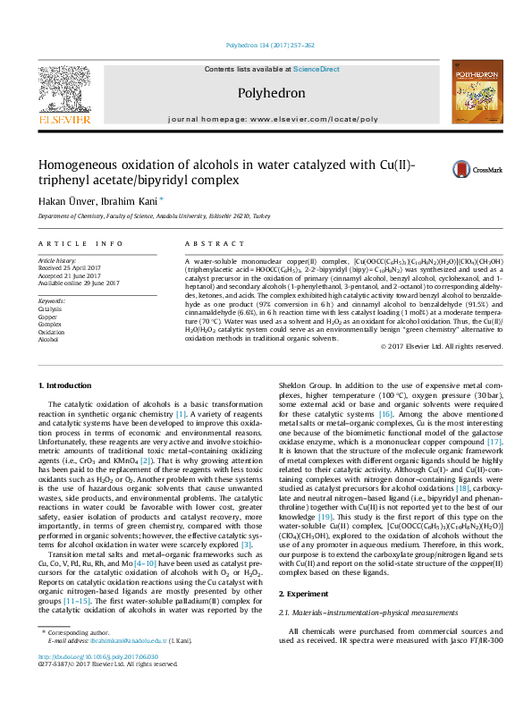 (PDF) Homogeneous oxidation of alcohols in water catalyzed with Cu(II)-triphenyl acetate ...