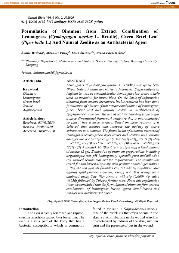 (PDF) Formulation Of Ointment From Extract Combination Of Lemongrass ...