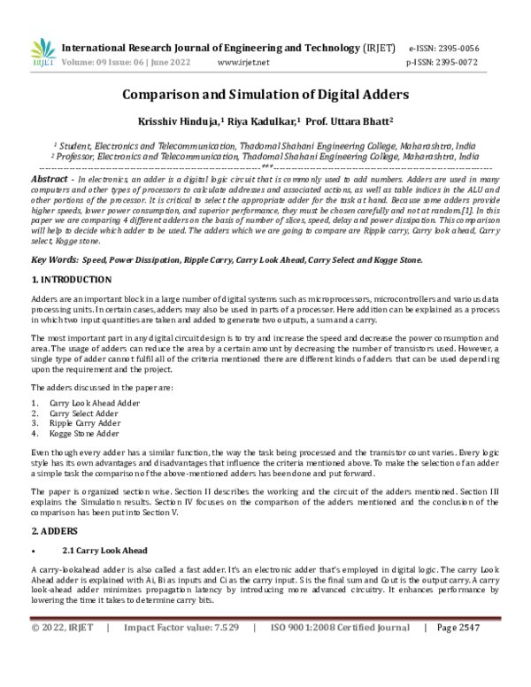 (PDF) Comparison and Simulation of Digital Adders
