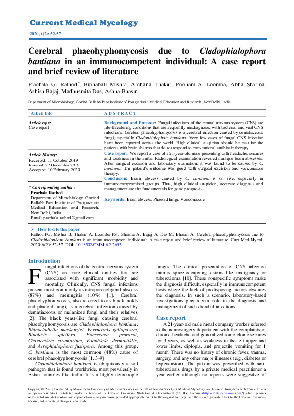 (PDF) Cerebral phaeohyphomycosis due to Cladophialophora bantiana in an ...