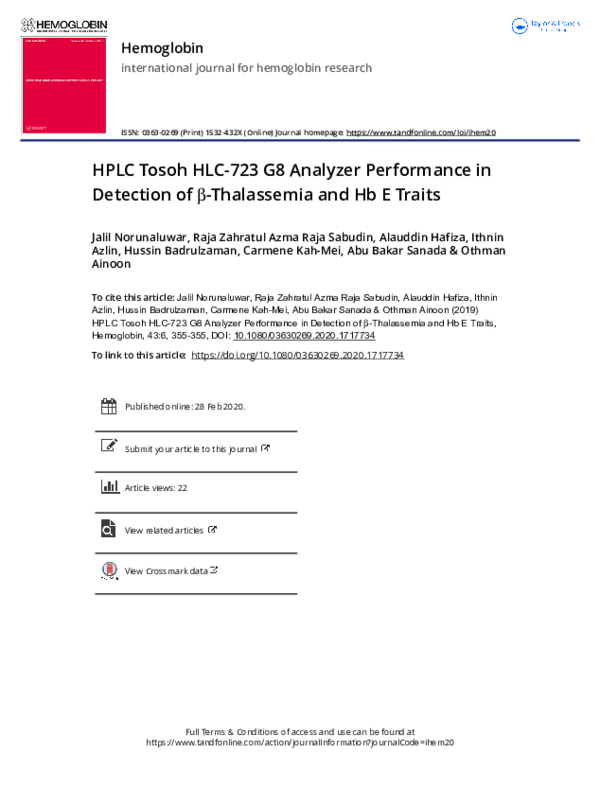 (PDF) HPLC Tosoh HLC-723 G8 Analyzer Performance in Detection of β-Thalassemia and Hb E Traits