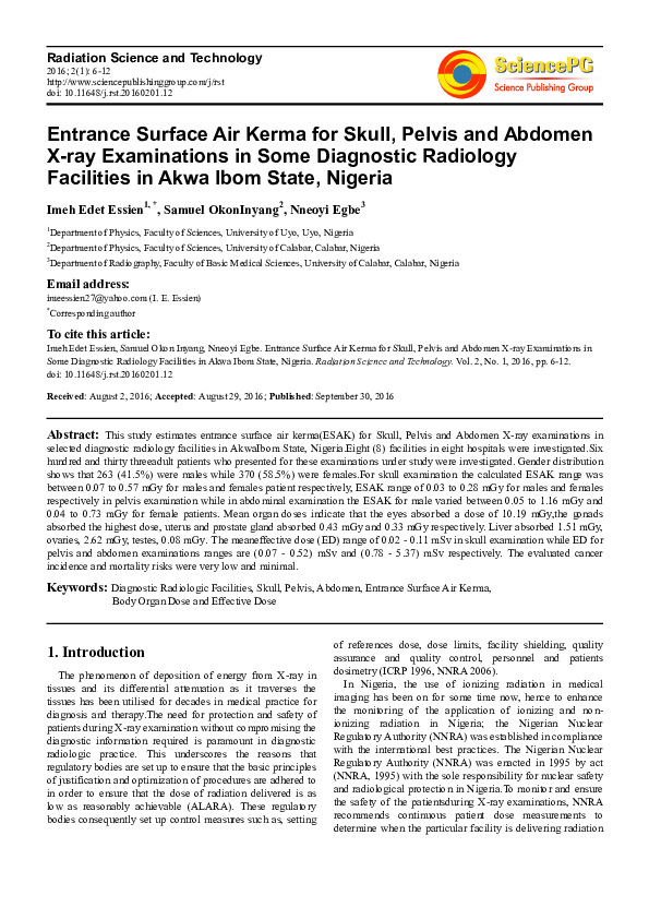 (PDF) Entrance Surface Air Kerma for Skull, Pelvis and Abdomen X-ray Examinations in Some ...