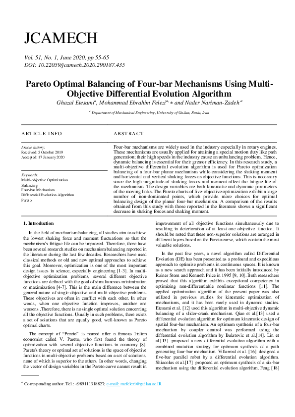 (PDF) Pareto Optimal Balancing of Four-bar Mechanisms Using Multi-Objective Differential ...