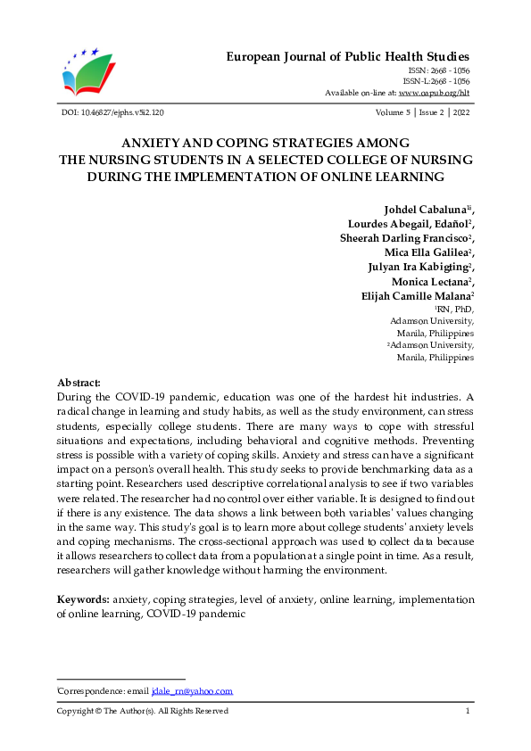 (PDF) Anxiety and Coping Strategies Among the Nursing Students in a Selected College of Nursing ...