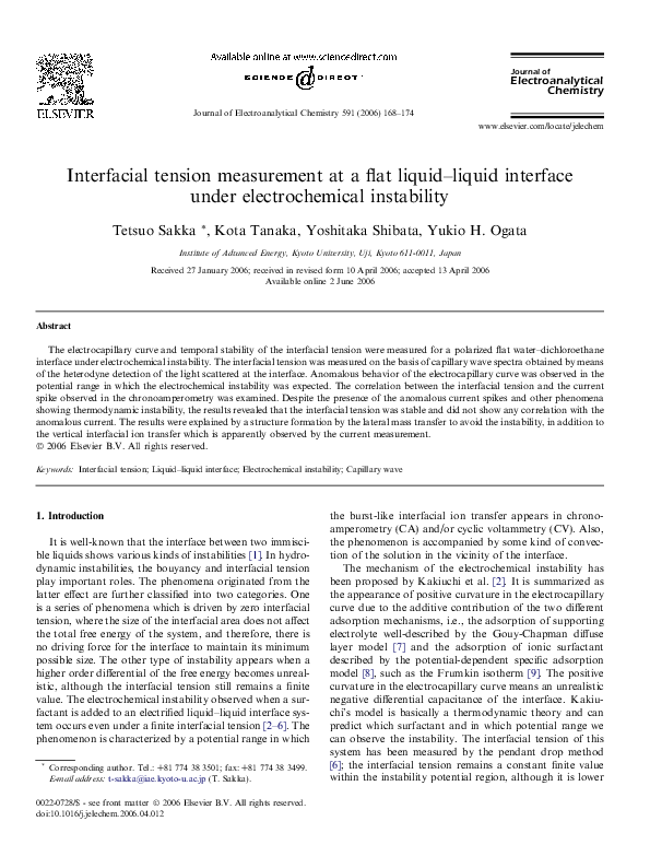 (PDF) Interfacial tension measurement at a flat liquid–liquid interface under electrochemical ...