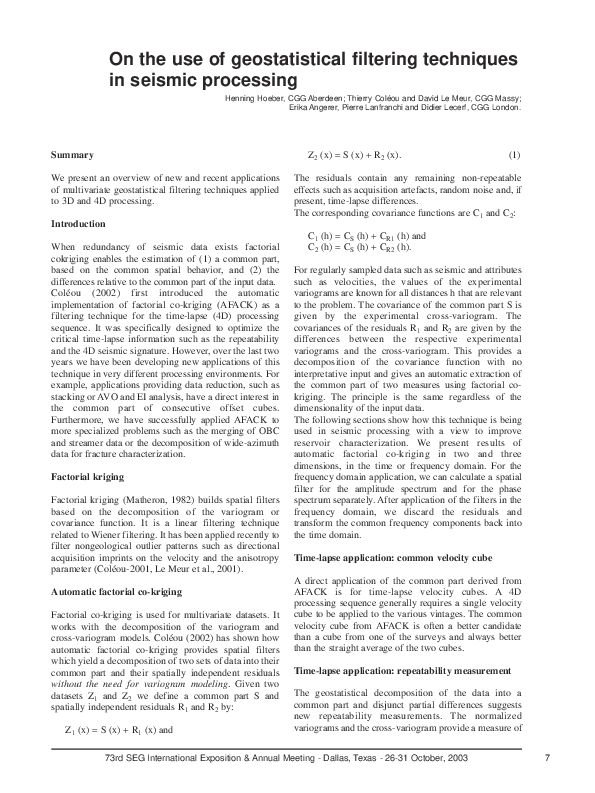 (PDF) On the use of geostatistical filtering techniques in seismic processing