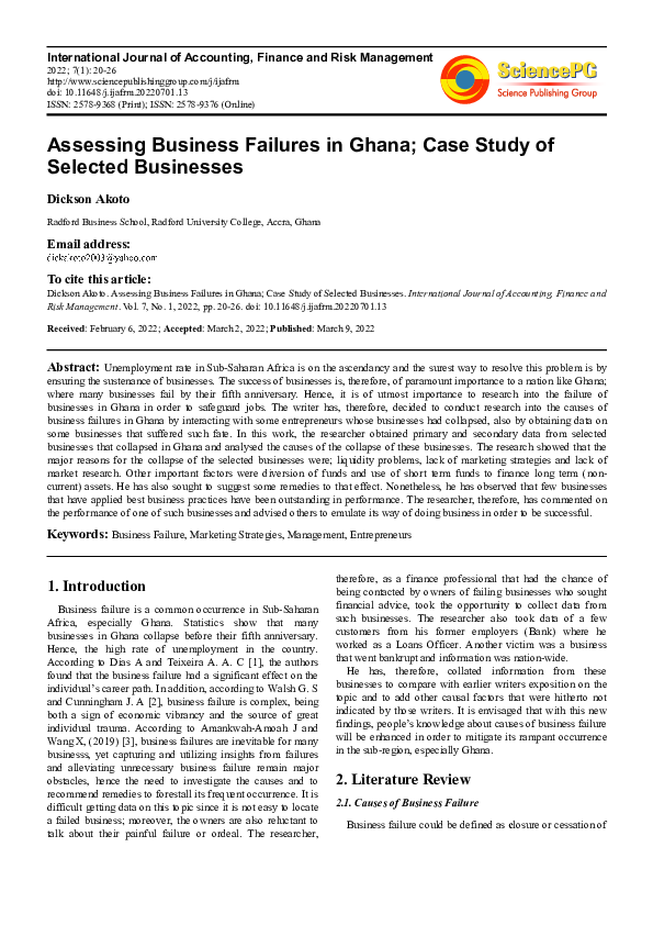 (PDF) Assessing Business Failures in Ghana; Case Study of Selected Businesses