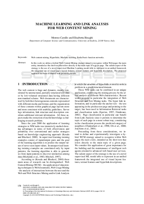 (PDF) Machine Learning and Link Analysis for Web Content Mining