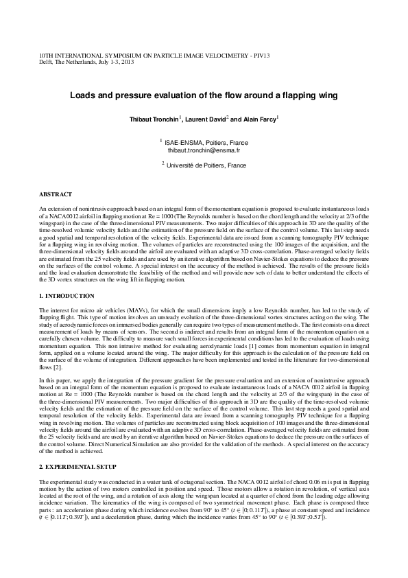 (PDF) Loads and pressure evaluation of the flow around a flapping wing ...