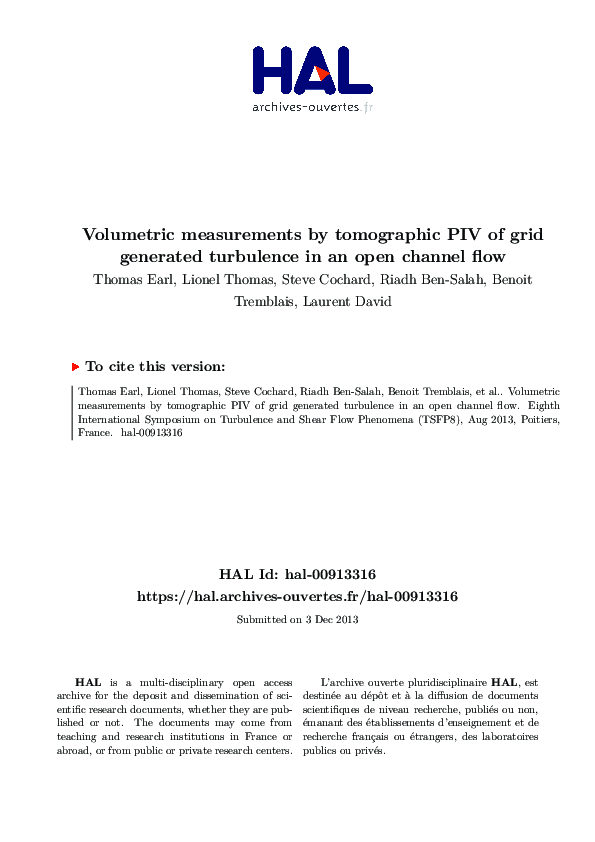 (PDF) Volumetric Measurements by Tomographic Piv of Grid Generated Turbulence in an Open Channel ...