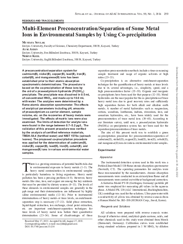 (PDF) Multi-Element Preconcentration/Separation of Some Metal Ions in Environmental Samples by ...