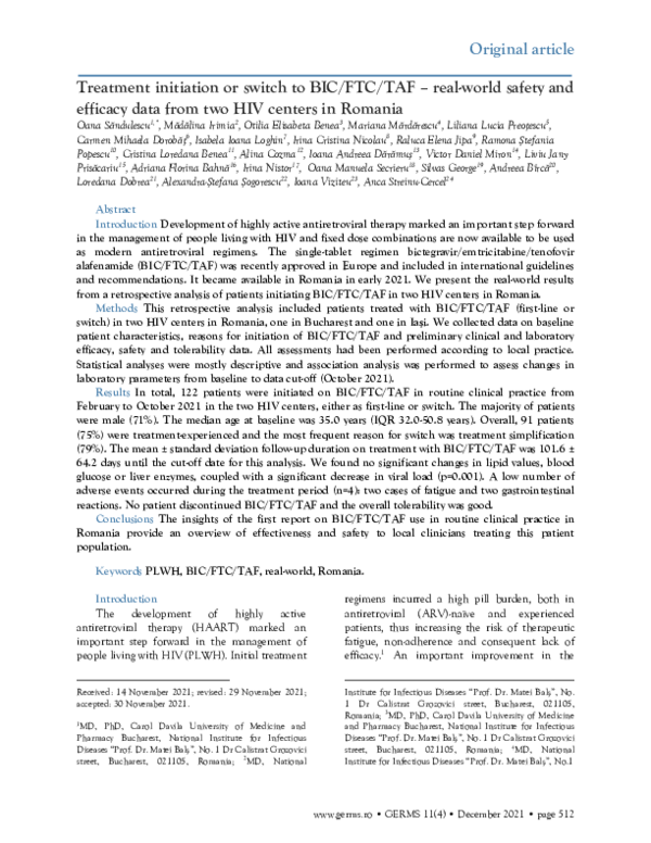 (PDF) Treatment initiation or switch to BIC/FTC/TAF - real-world safety ...