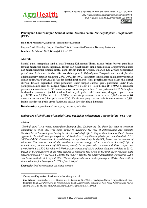 (PDF) Pendugaan Umur Simpan Sambal Gami Dikemas dalam Jar Polyethylene Terephthalate (PET)
