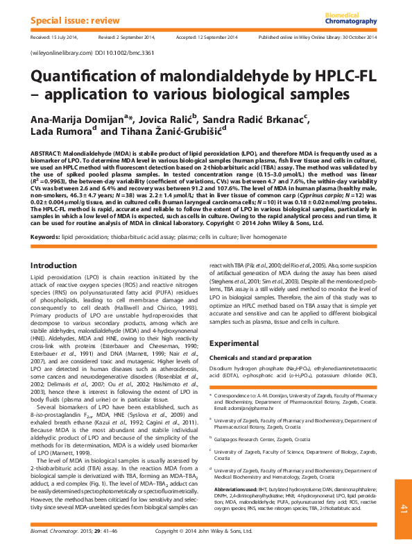(PDF) Quantification of malondialdehyde by HPLC-FL - application to various biological samples