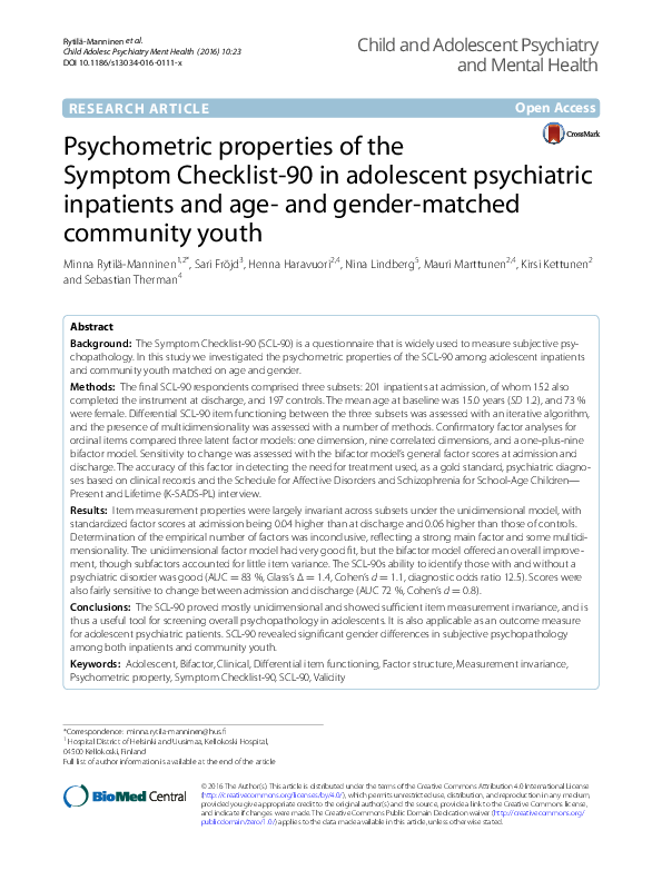 (PDF) Psychometric properties of the Symptom Checklist-90 in adolescent psychiatric inpatients ...