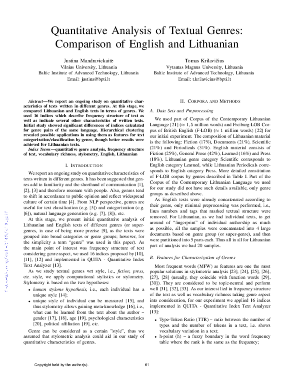 (PDF) Quantitative analysis of textual genres: comparison of English ...