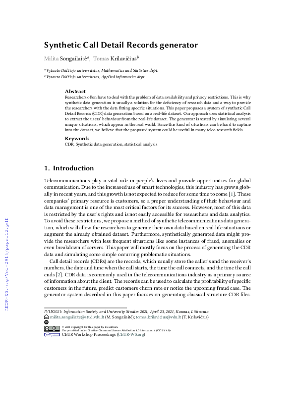(PDF) Synthetic Call Detail Records Generator