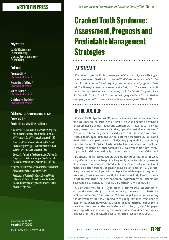 (PDF) Cracked Tooth Syndrome: Assessment, Prognosis and Predictable ...