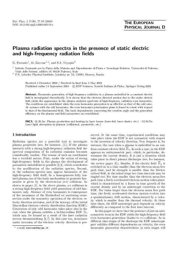 (PDF) Plasma radiation spectra in the presence of static electric and ...