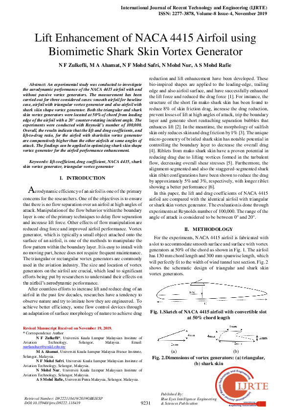 (PDF) Lift Enhancement of NACA 4415 Airfoil using Biomimetic Shark Skin Vortex Generator