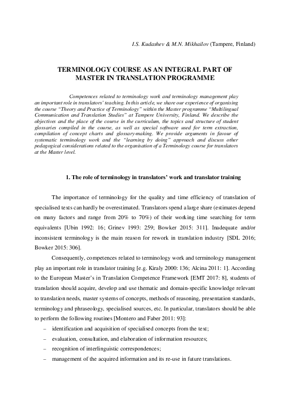 (PDF) Integrating Terminology in Translation Studies