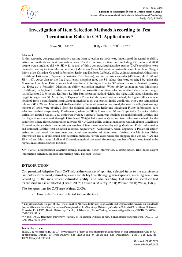 (PDF) Investigation of Item Selection Methods According to Test ...