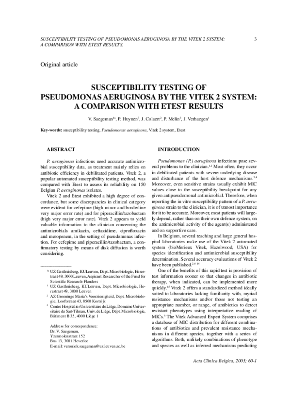 Pdf Susceptibility Testing Of Pseudomonas Aeruginosa By The Vitek 2 System A Comparison With