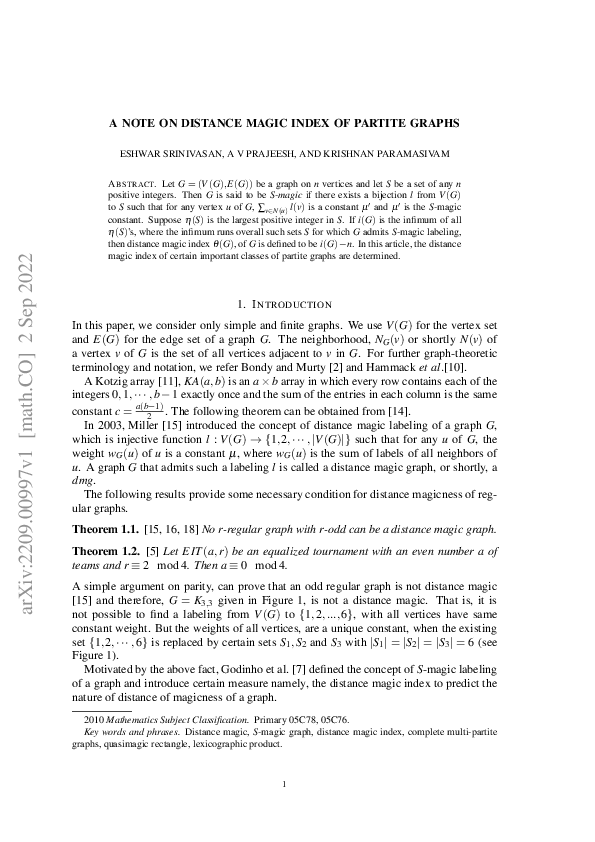 (PDF) A note on distance magic index of partite graphs