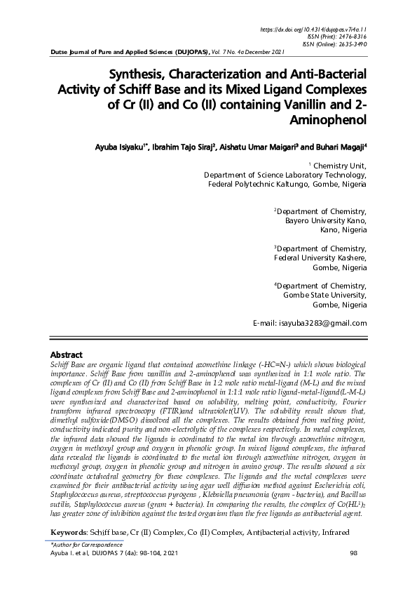 (PDF) Synthesis, characterization and anti-bacterial activity of Schiff Base and its mixed ...