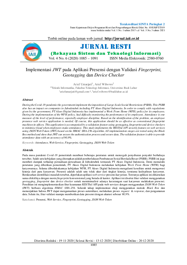 (PDF) Implementasi JWT pada Aplikasi Presensi dengan Validasi Fingerprint, Geotagging dan Device ...