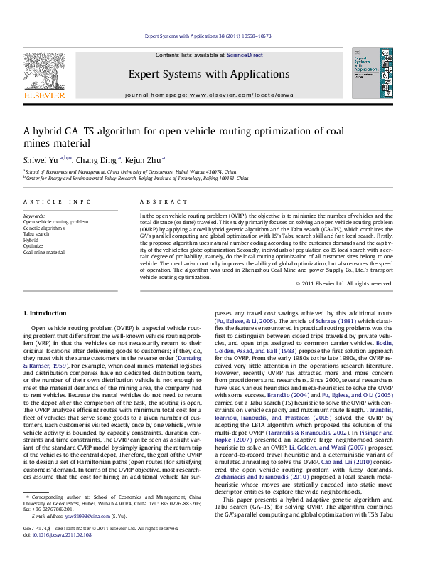 (PDF) A hybrid GA–TS algorithm for open vehicle routing optimization of coal mines material