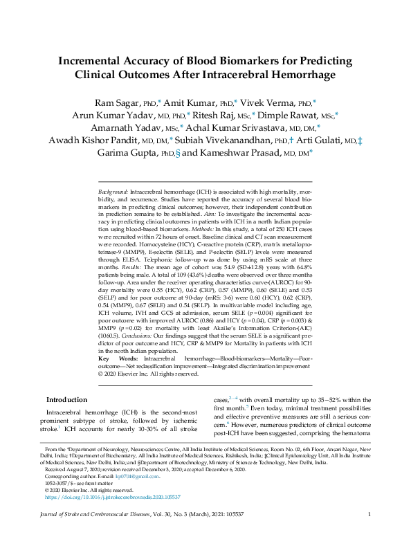 (PDF) Incremental Accuracy of Blood Biomarkers for Predicting Clinical Outcomes After ...