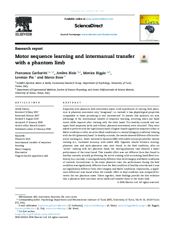 (PDF) Motor sequence learning and intermanual transfer with a phantom limb