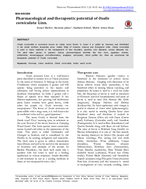(PDF) Pharmacological and therapeutic potential of Oxalis corniculata