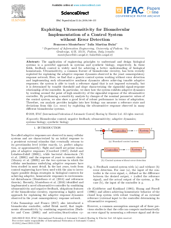 (PDF) Exploiting Ultrasensitivity for Biomolecular Implementation of a Control System without ...