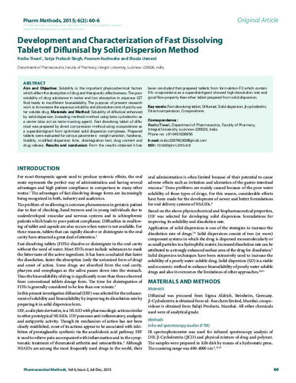 (PDF) Development and Characterization of Fast Dissolving Tablet of Diflunisal by Solid ...