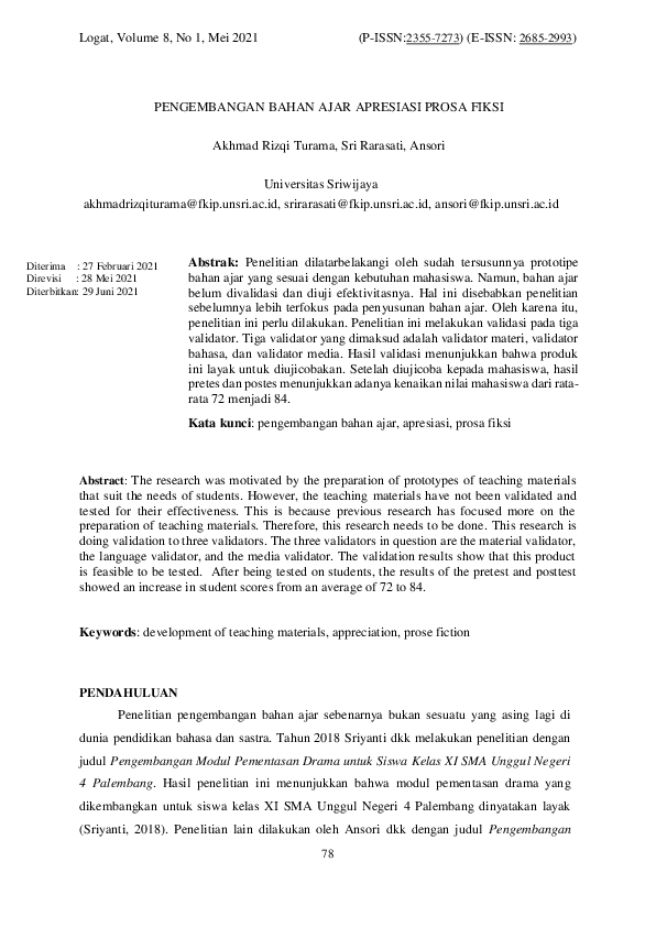 (PDF) Pengembangan Bahan Ajar Apresiasi Prosa Fiksi