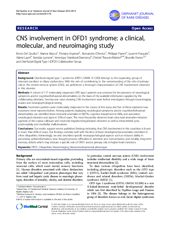 (PDF) CNS involvement in OFD1 syndrome: a clinical, molecular, and ...