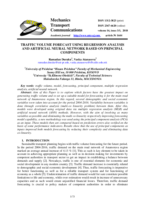 Pdf Traffic Volume Forecast Using Regression Analysis And Artificial Neural Network Based On