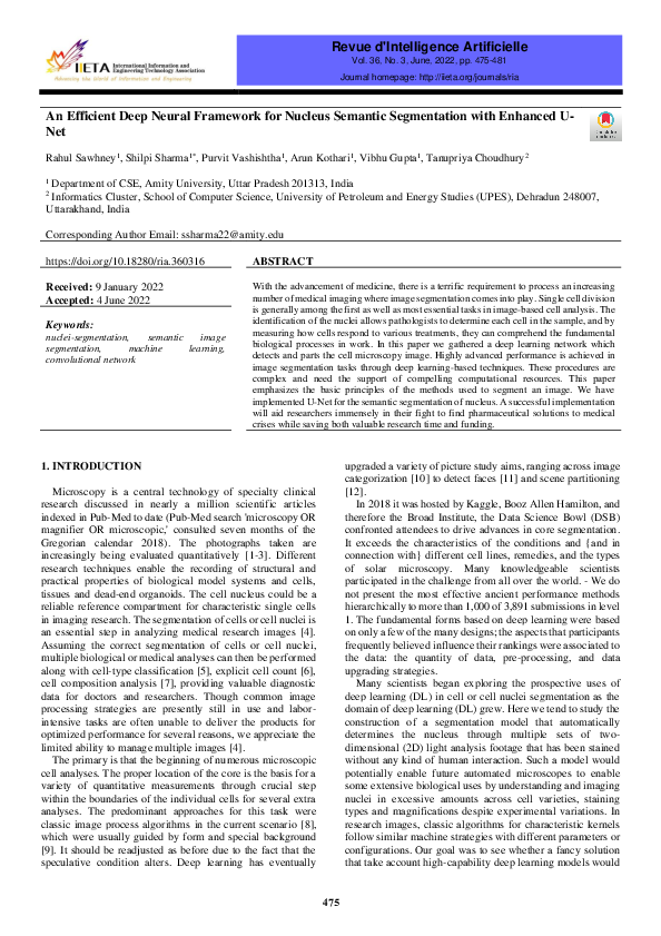 Pdf An Efficient Deep Neural Framework For Nucleus Semantic Segmentation With Enhanced U Net