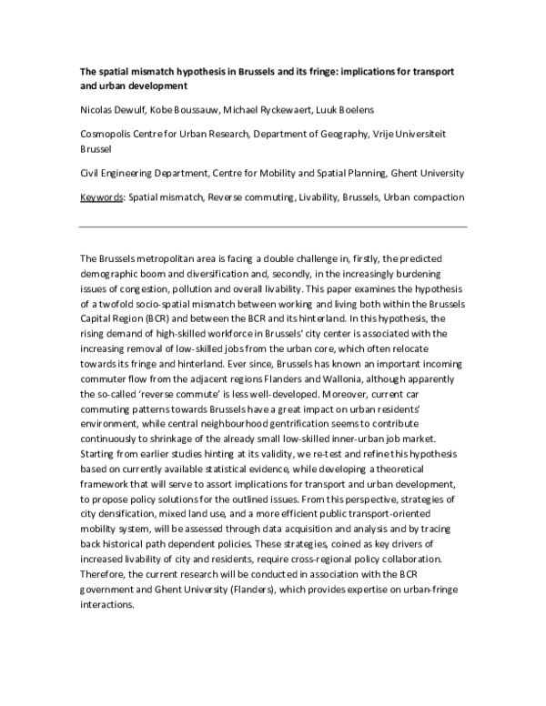(PDF) The spatial mismatch hypothesis in Brussels and its fringe ...
