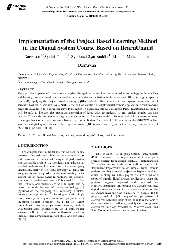 Pdf Implementation Of The Project Based Learning Method In The Digital System Course Based On 