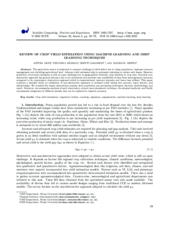 Pdf Review Of Crop Yield Estimation Using Machine Learning And Deep Learning Techniques