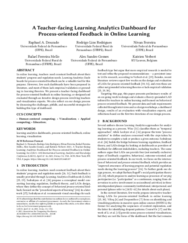 (PDF) A Teacher-facing Learning Analytics Dashboard for Process-oriented Feedback in Online Learning