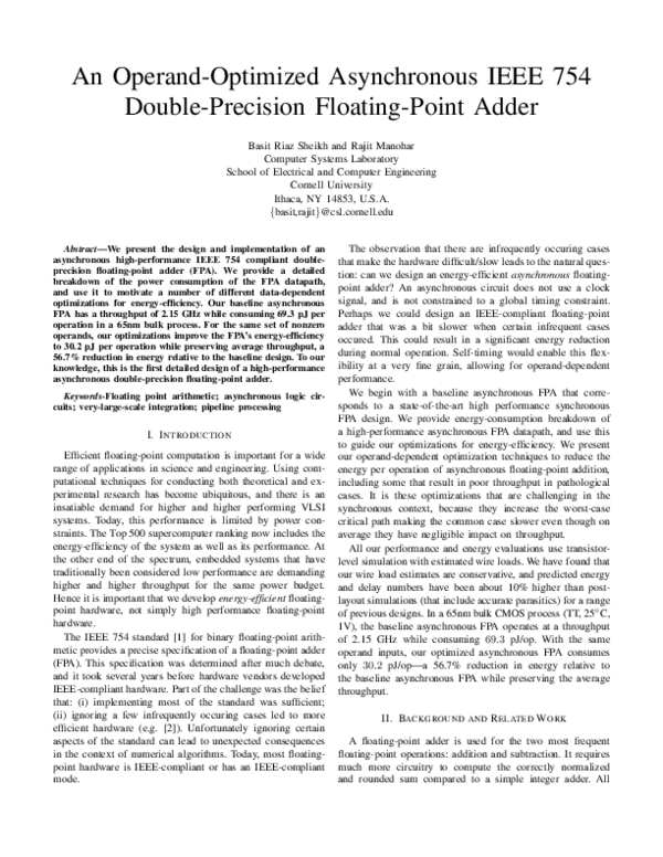 Pdf An Operand Optimized Asynchronous Ieee 754 Double Precision Floating Point Adder Basit